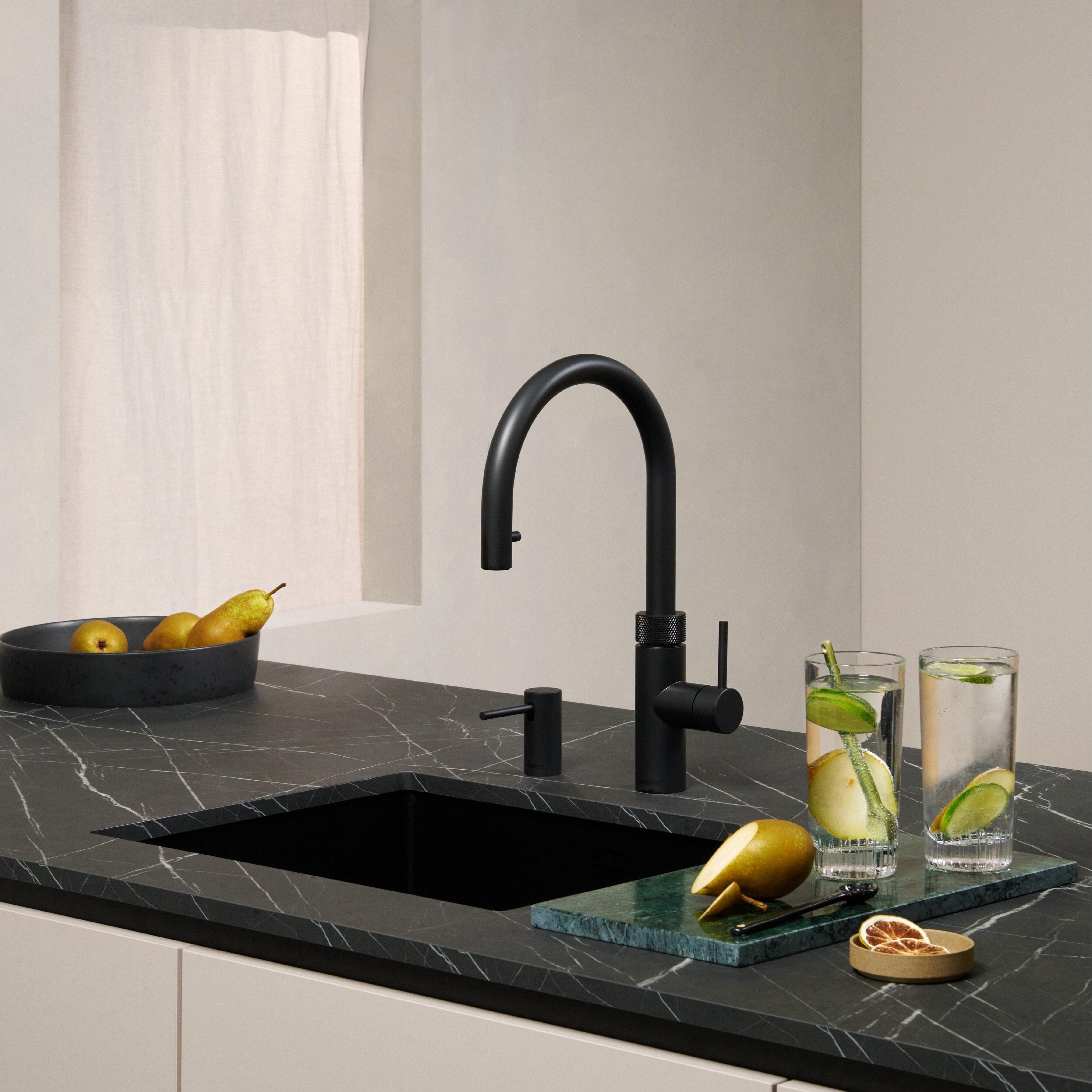 The Quooker black kitchen tap design for instant boiling water