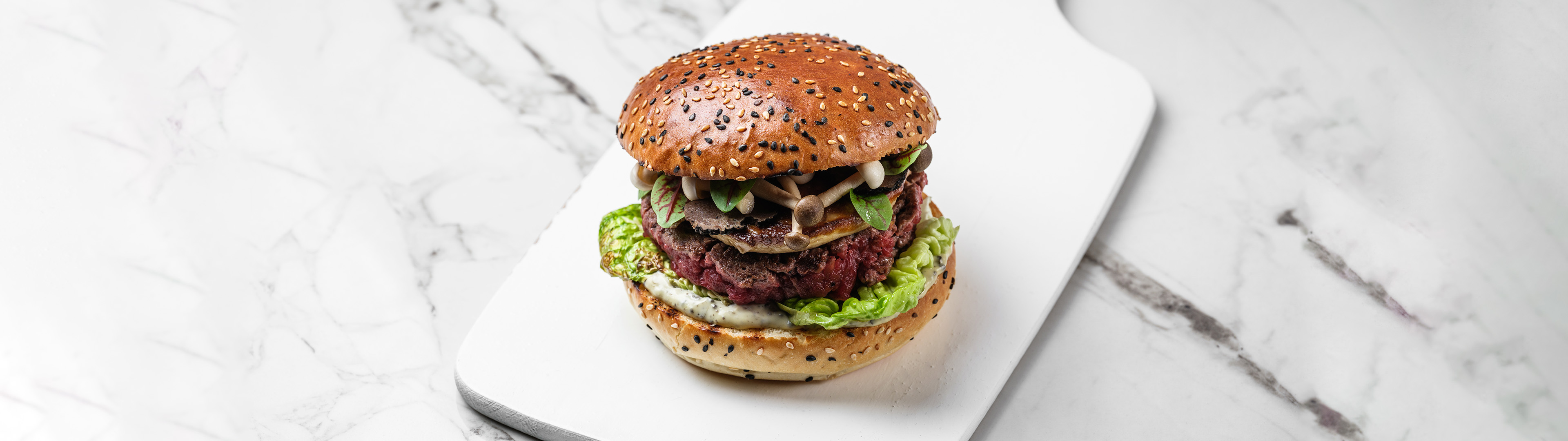 French Foie Gras & Steak Burger with little gem, truffle mayo, and ...